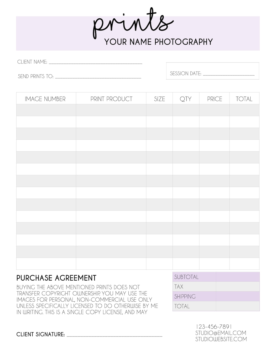 Prints Order Form Template Photography Order Form | Etsy