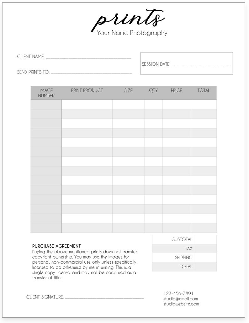 Prints Order Form Template Photography Order Form MS Word - Etsy