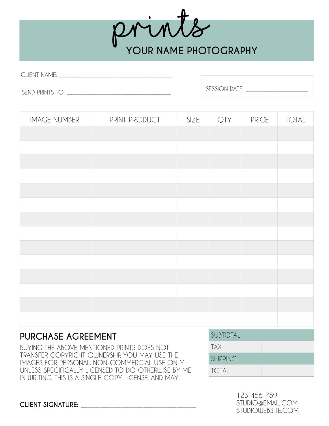 Prints Order Form Template Photography Order Form - Etsy