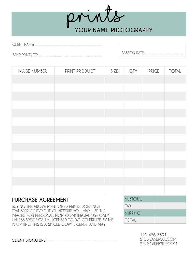Prints Order Form Template Photography Order Form - Etsy