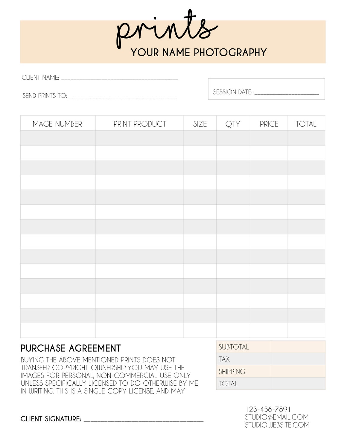 Prints Order Form Template Photography Order Form - Etsy