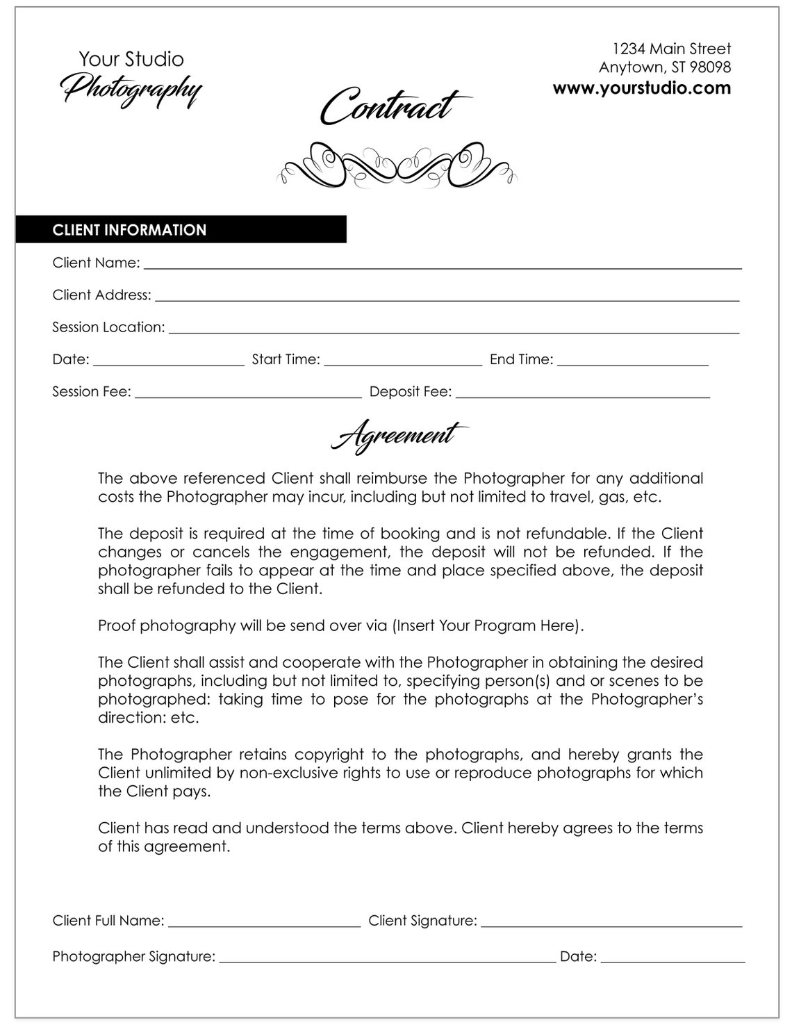 Photography Contract Fully Customizable Layered PSD | Etsy