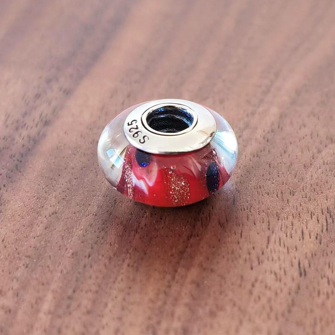 Black Dot Red Murano Glass Bead Charm, 925 Sterling Silver Core - Etsy