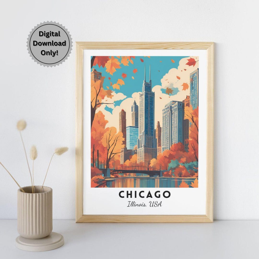 Chicago Autumn Skyline Art Print, Fall Cityscape Poster, Digital ...