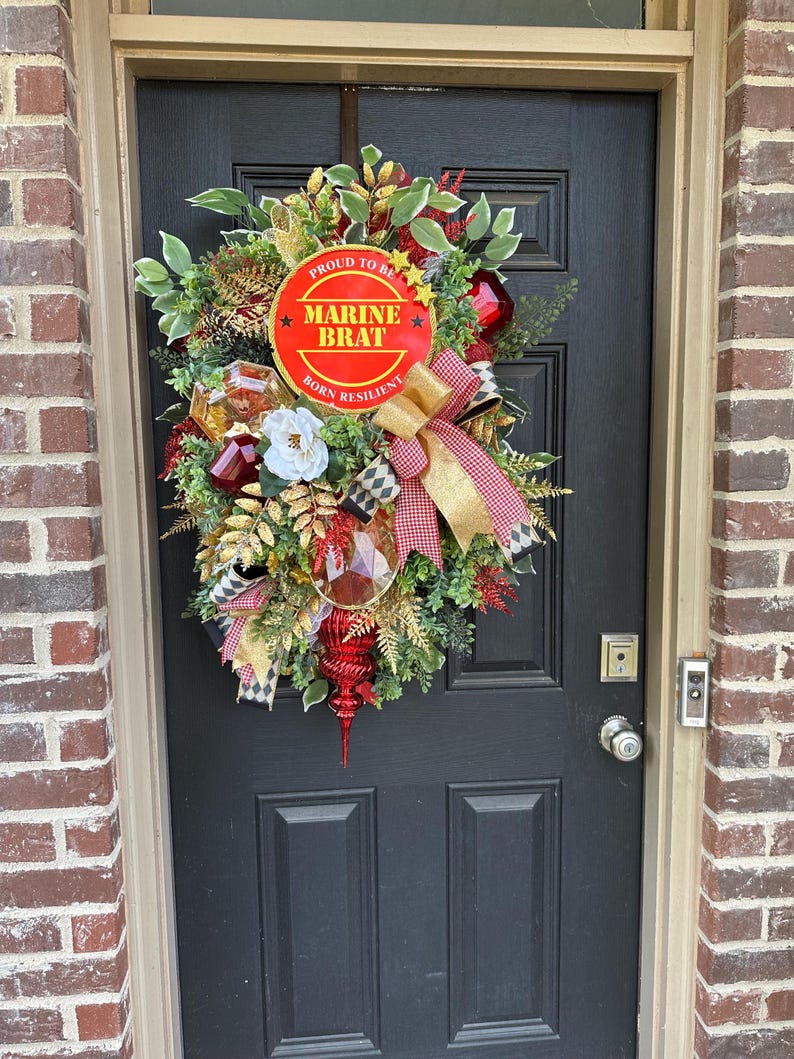 Marine Brat Wreath | Proud Military Family Door Hanger, Red Gold Decor ...