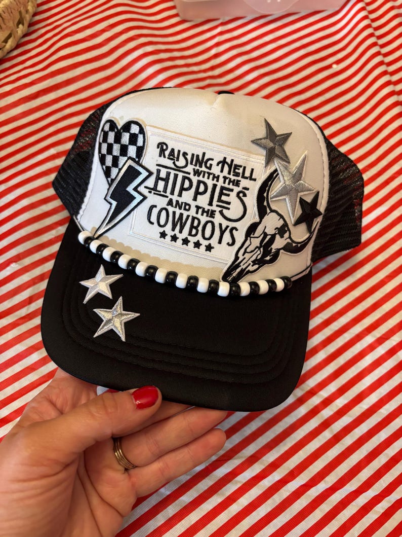Black and White Raising Hell With the Hippies and the Cowboys Cody Jinks Inspired Patch Trucker ...