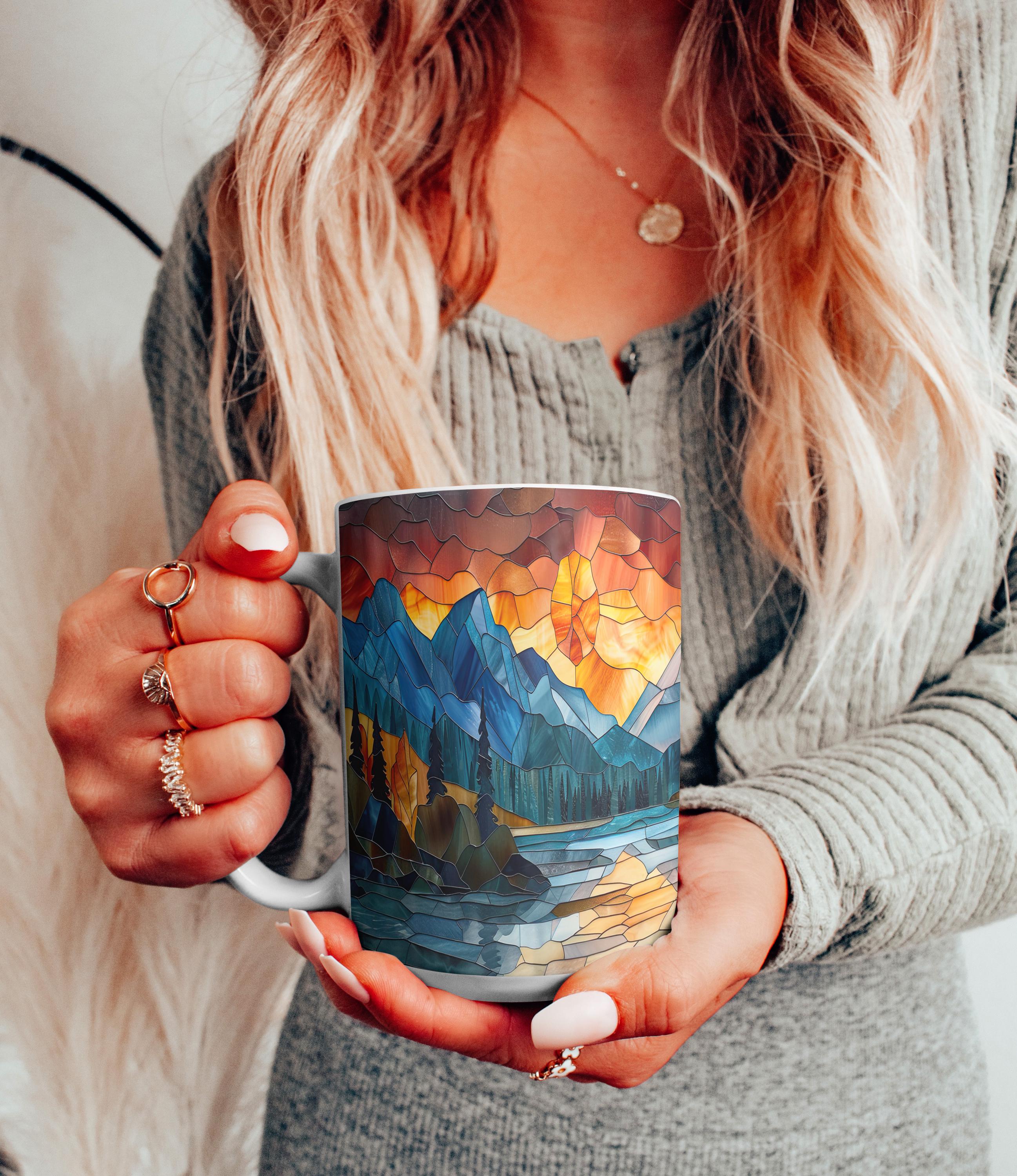 Stained Glass Mountain Range Mug | Unique Ceramic Cup for Nature Lovers ...