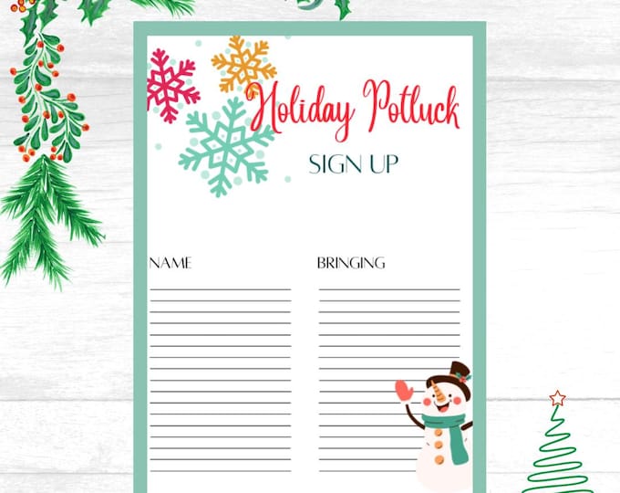 Holiday Potluck Sign up Sheet, Printable Christmas Dinner Food Bringing ...