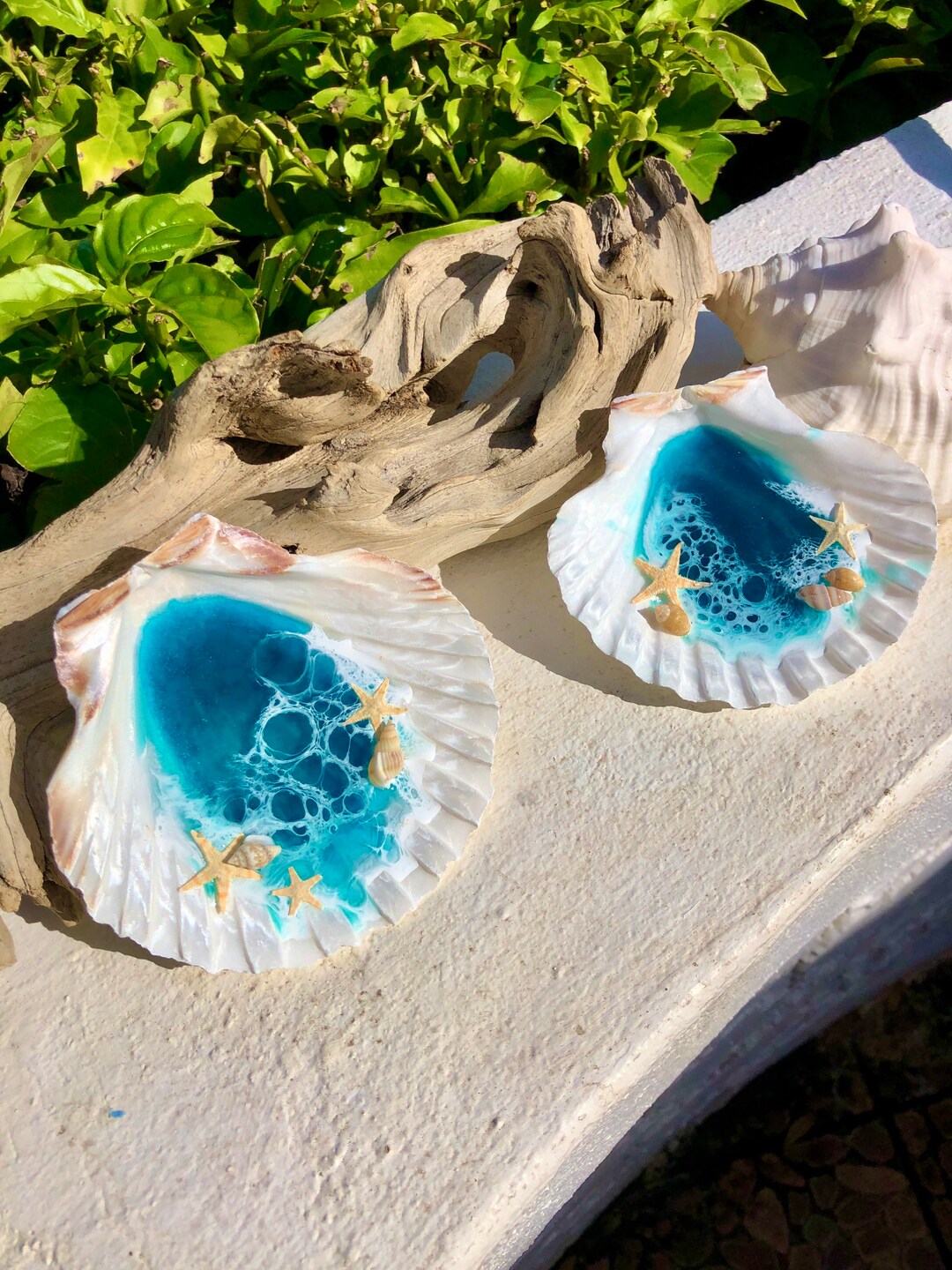 Beach Resin Ocean Large Scallop Shell Ring Trinket Ring Dish. Turquoise ...