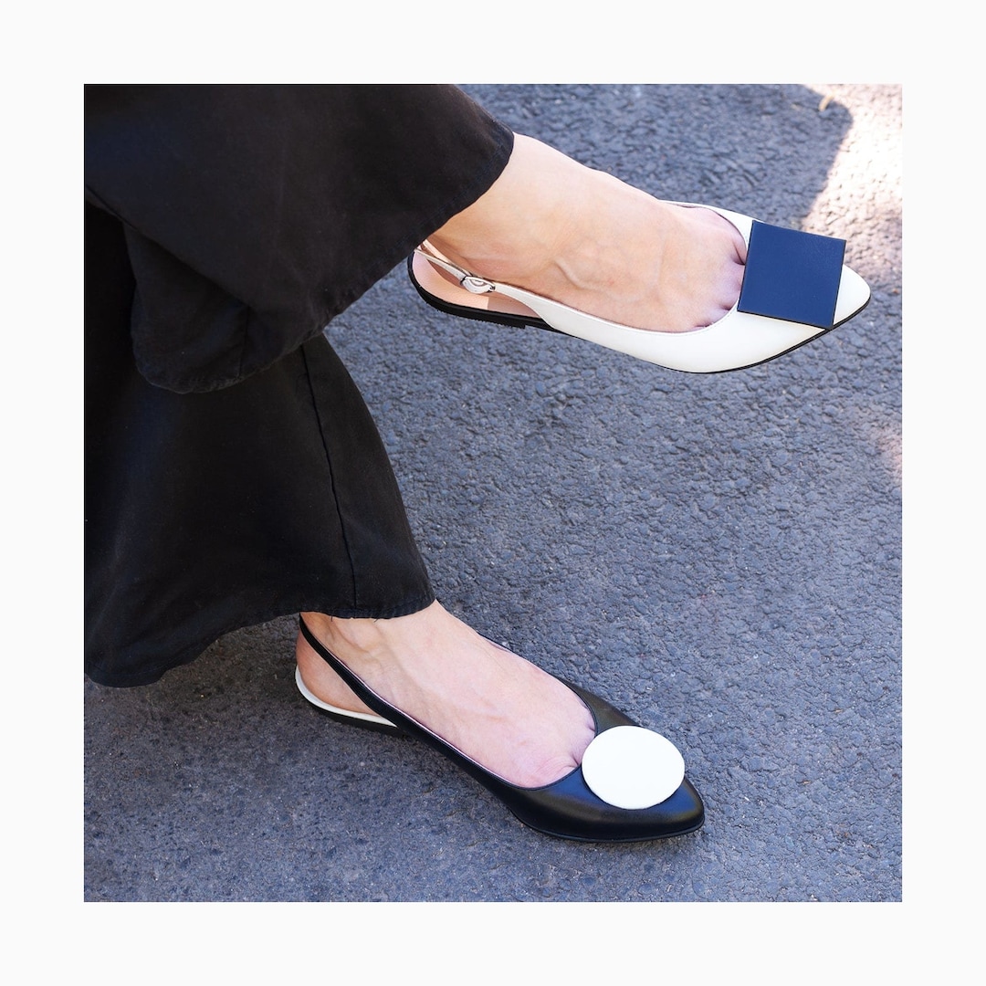 Handmade Leather Ballet Flats: Asymmetrical Black and White Slingbacks ...