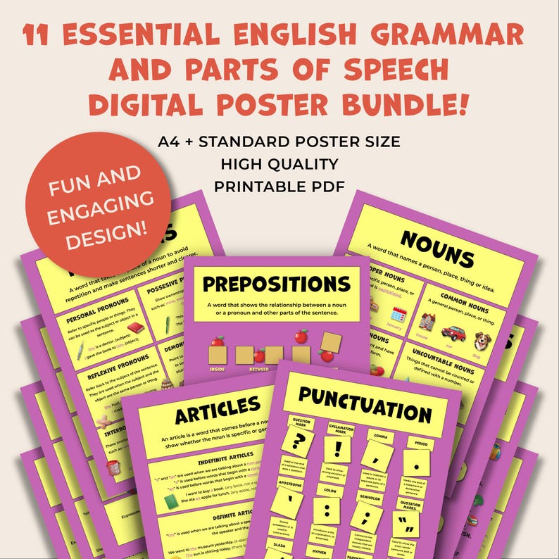 Essential English Grammar Digital Poster Bundle English Language Parts ...