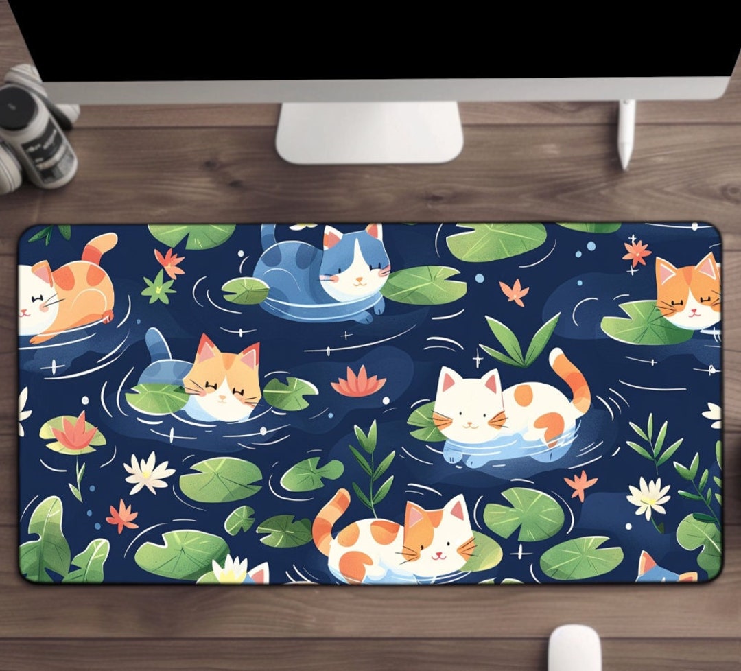 Cute Cat Desk Mat, Anime Lily Pad Desk Mat, Gaming Mouse Pad, Anime ...