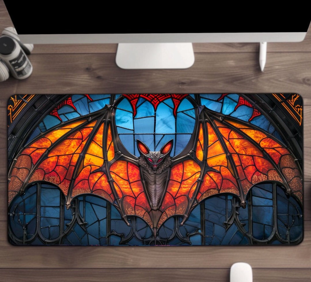 Bat Gothic Stained Glass, Fantasy Desk Mat, Goth Animal Mousepad, MTG ...