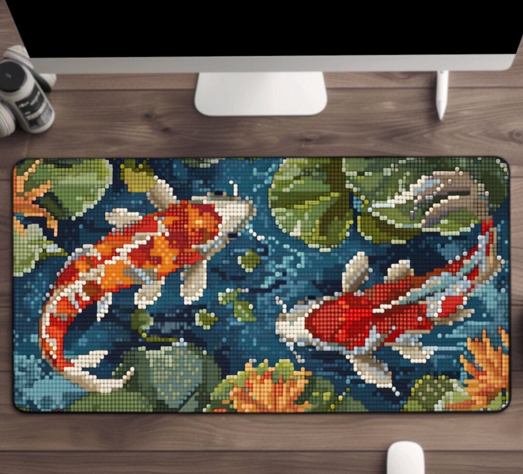 Koi Pixel Art Desk Mat, Lily Pad Pixel Art Desk Mat, Mouse Pad Pixel ...