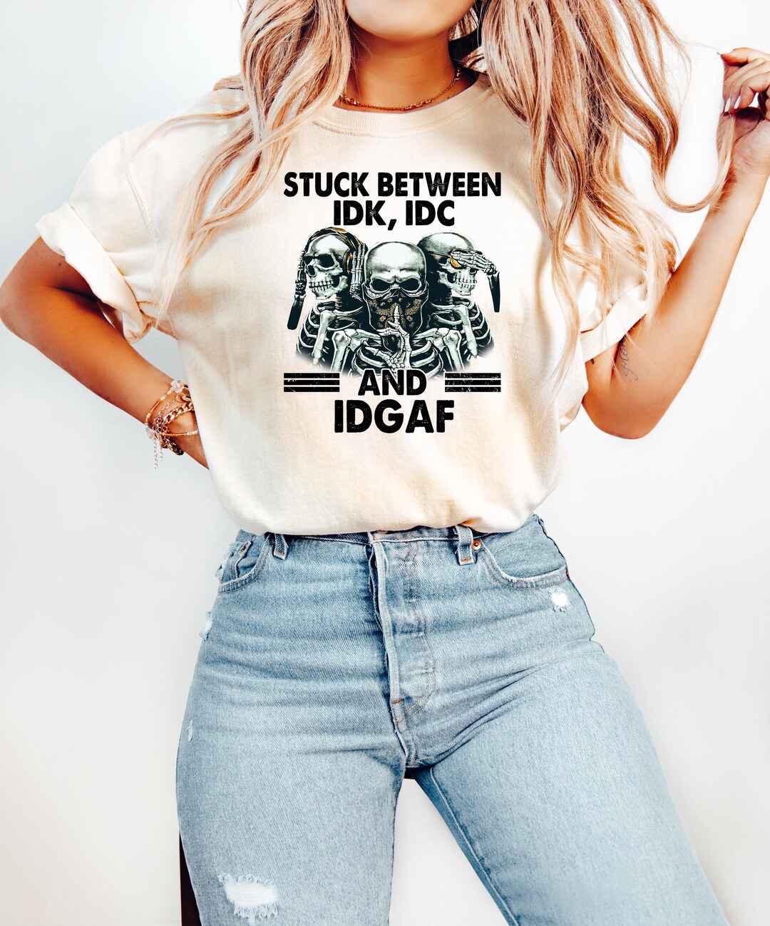 Stuck Between IDK, IDC and IDGAF Funny Skeleton Gang Shirt, Skeleton ...