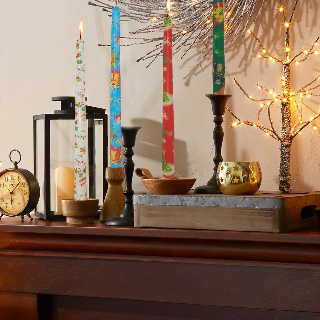 Set 4 Christmas Taper Candles,hand Painted Taper Candles,christmas Gift ...