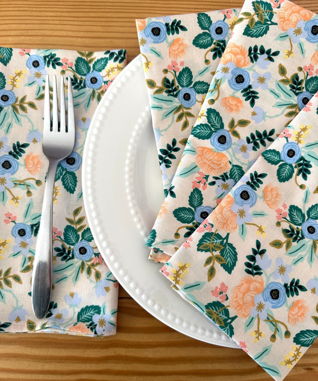 Rifle Paper Co. Cotton Napkin Set: Peach & Blue Floral Table Decor - Etsy