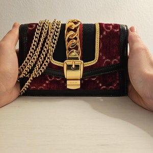 GUCCI Bag Handbag Vintage Velvet GG Monogram Super Mini Sylvie Red ...