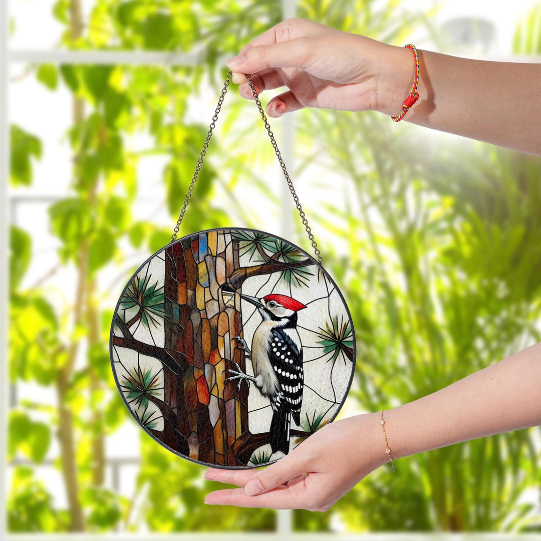 Woodpecker Glass Suncatcher: Tree Design Window Hanging - Etsy