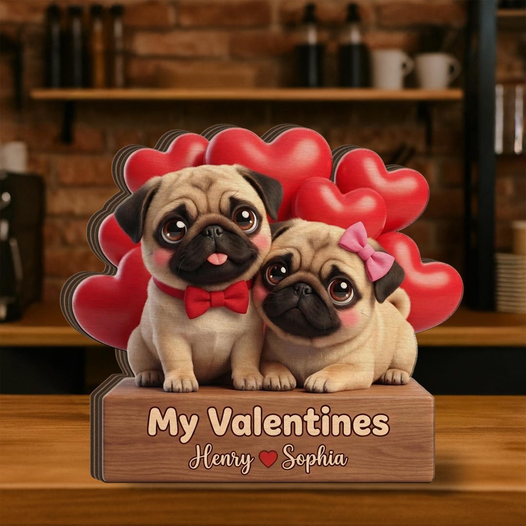 Personalized Pug Wooden Block: Cute Dog Couple With Red Hearts, My ...