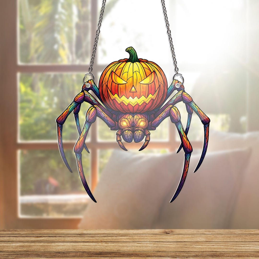 Spider Jack O'lantern Faux Stained Glass Window Hanging – Halloween ...