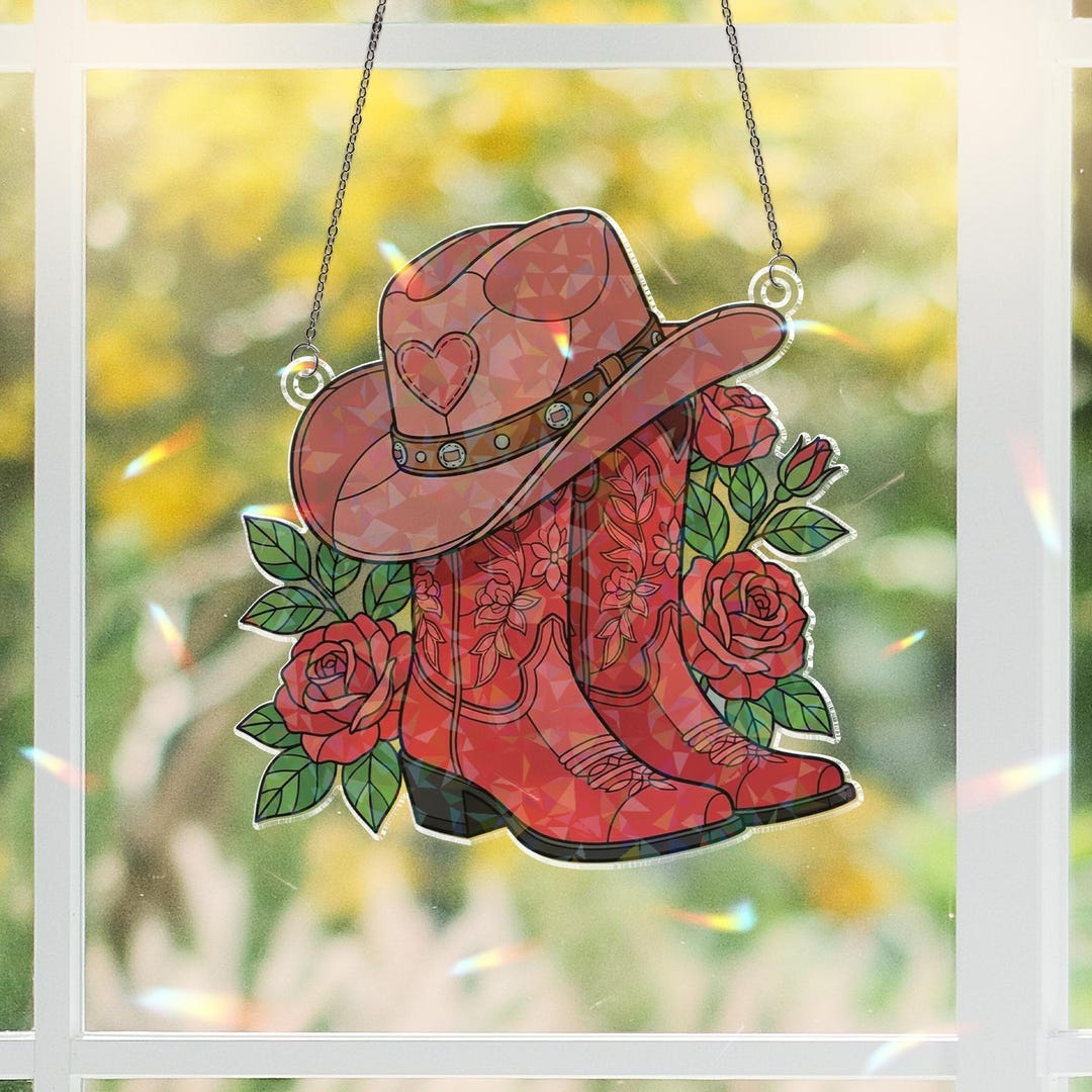 Holographic Window Hanging Cowgirl Boots & Hat: Pink Heart Western Art ...