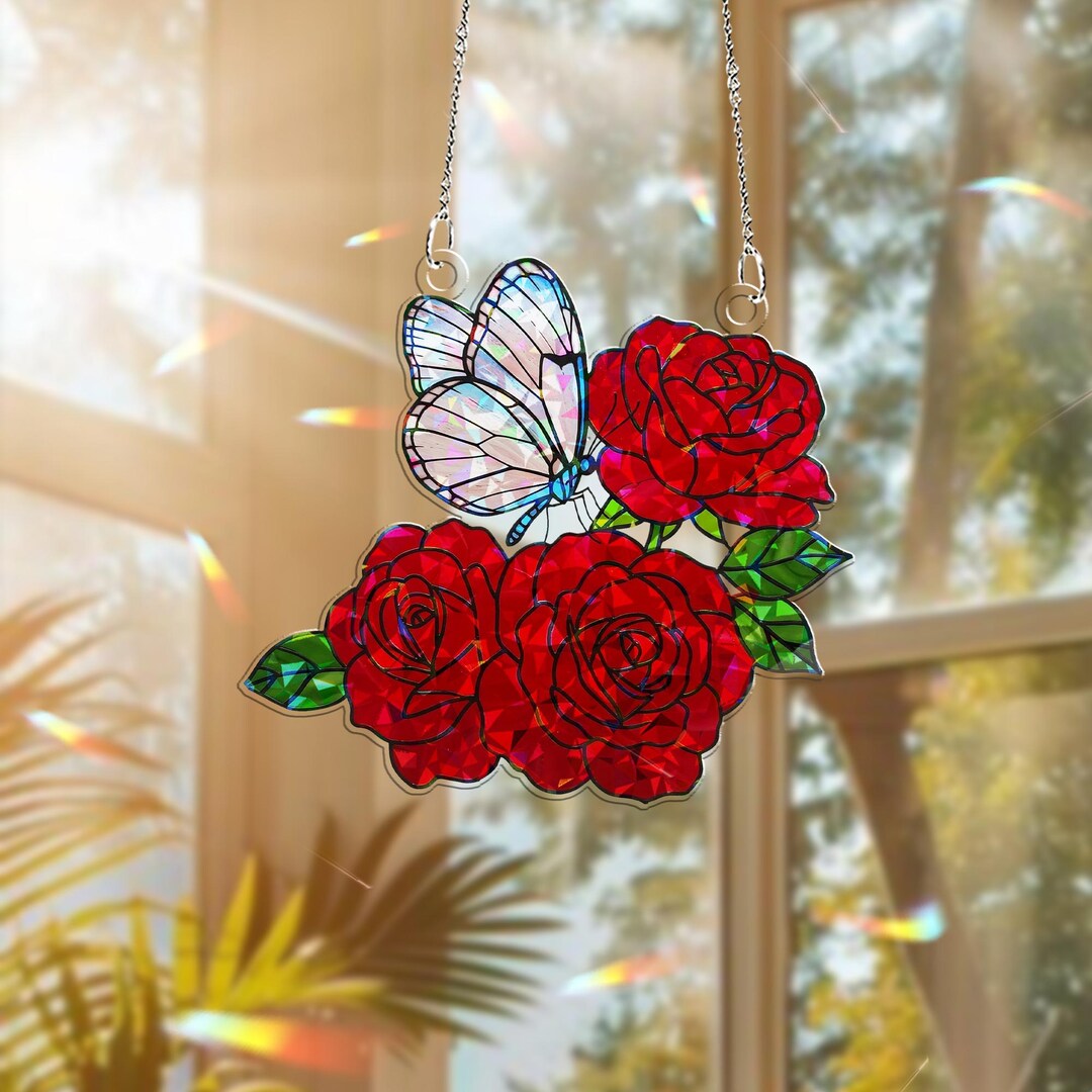 Hologram Acrylic Window Hanging: Glasswing Butterfly & Roses Suncatcher ...