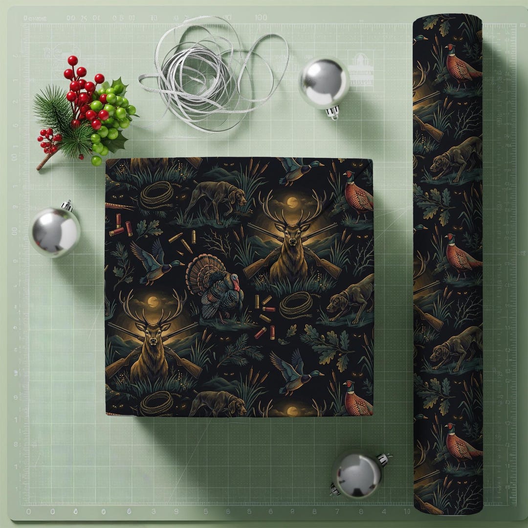 Hunting Wrapping Paper: Deer Duck & Pheasant Print Dark Outdoor ...