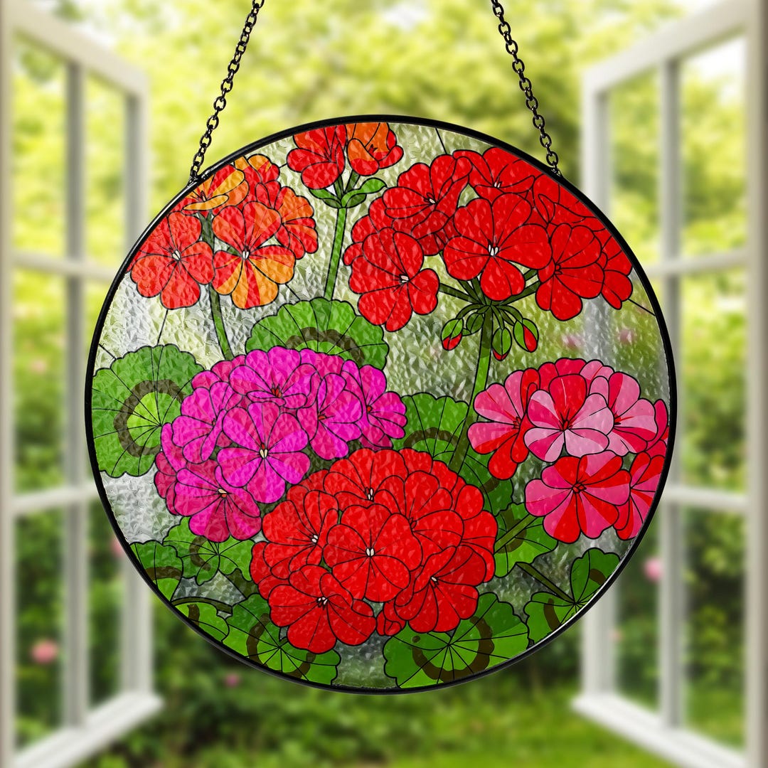Geranium Flowers Glass Suncatcher, Round Floral Window Hanging, Vibrant ...