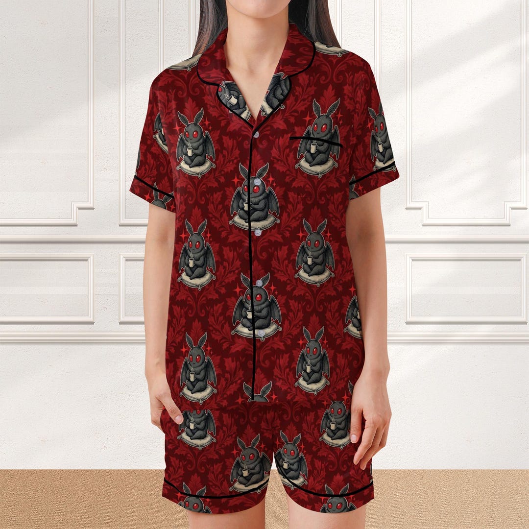 Mothman Satin Pajama Set: Red Gothic Damask, Cryptid Print - Etsy