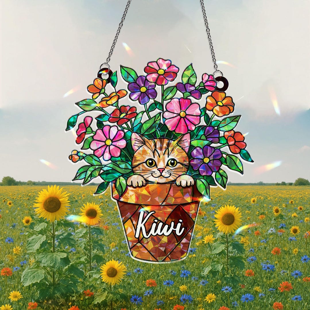 Personalized Cat and Flower Window Hanging, Custom Name Peeking Kitten ...