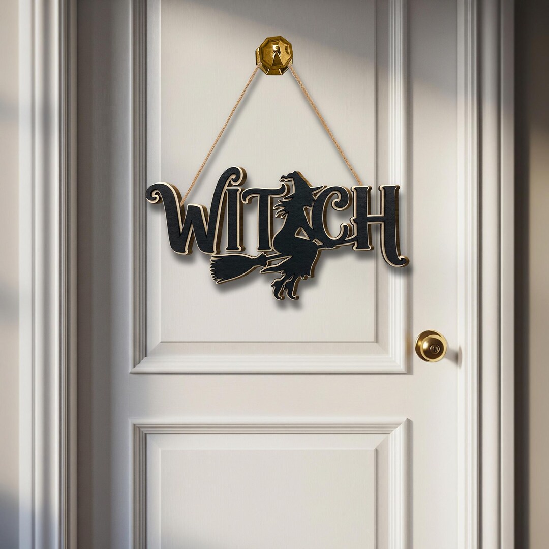 Witch Silhouette Door Sign, Halloween Flying Witch Wooden Hanger ...