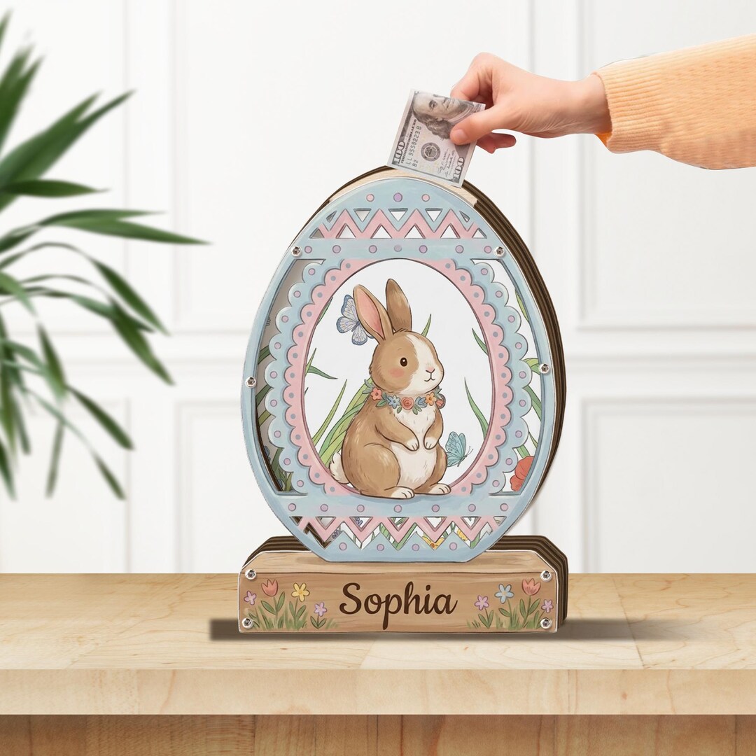 Personalized Wooden Piggy Bank: Easter Egg Bunny Design Custom Name ...