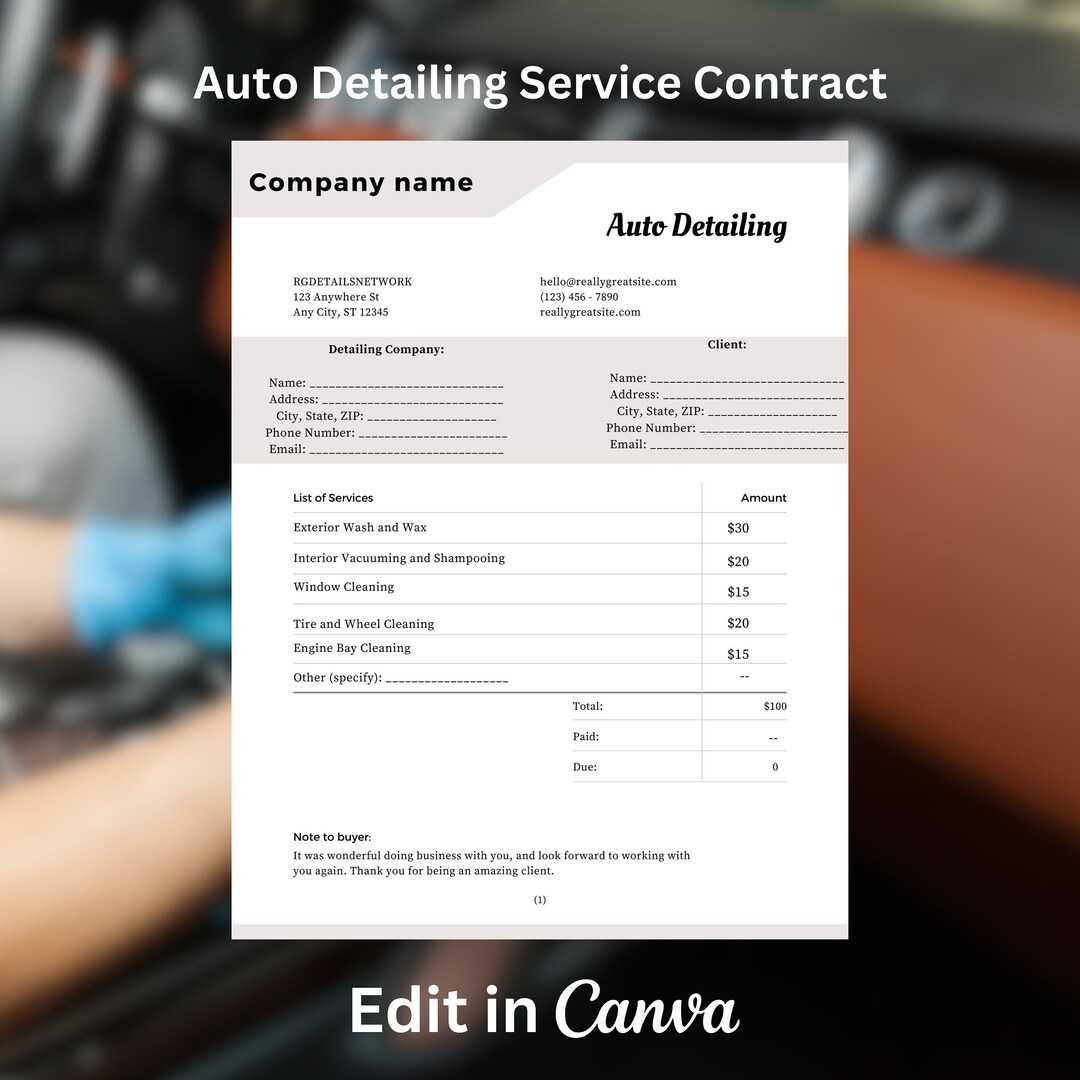 Editable Auto Detailing Service Contract-pdf-canva - Etsy