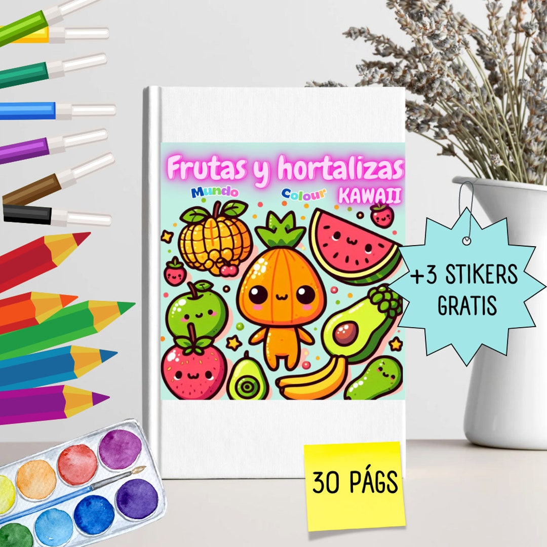 Kawaii Fruits and Vegetables Coloring Book, 30 Printable Easy Coloring ...