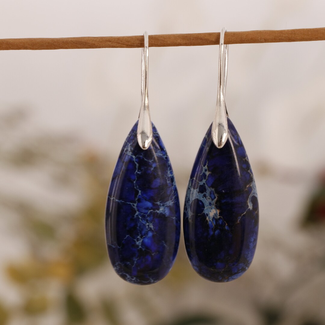 Blue Gemstone Earrings - Natural Stone Teardrop Earrings - Jasper ...