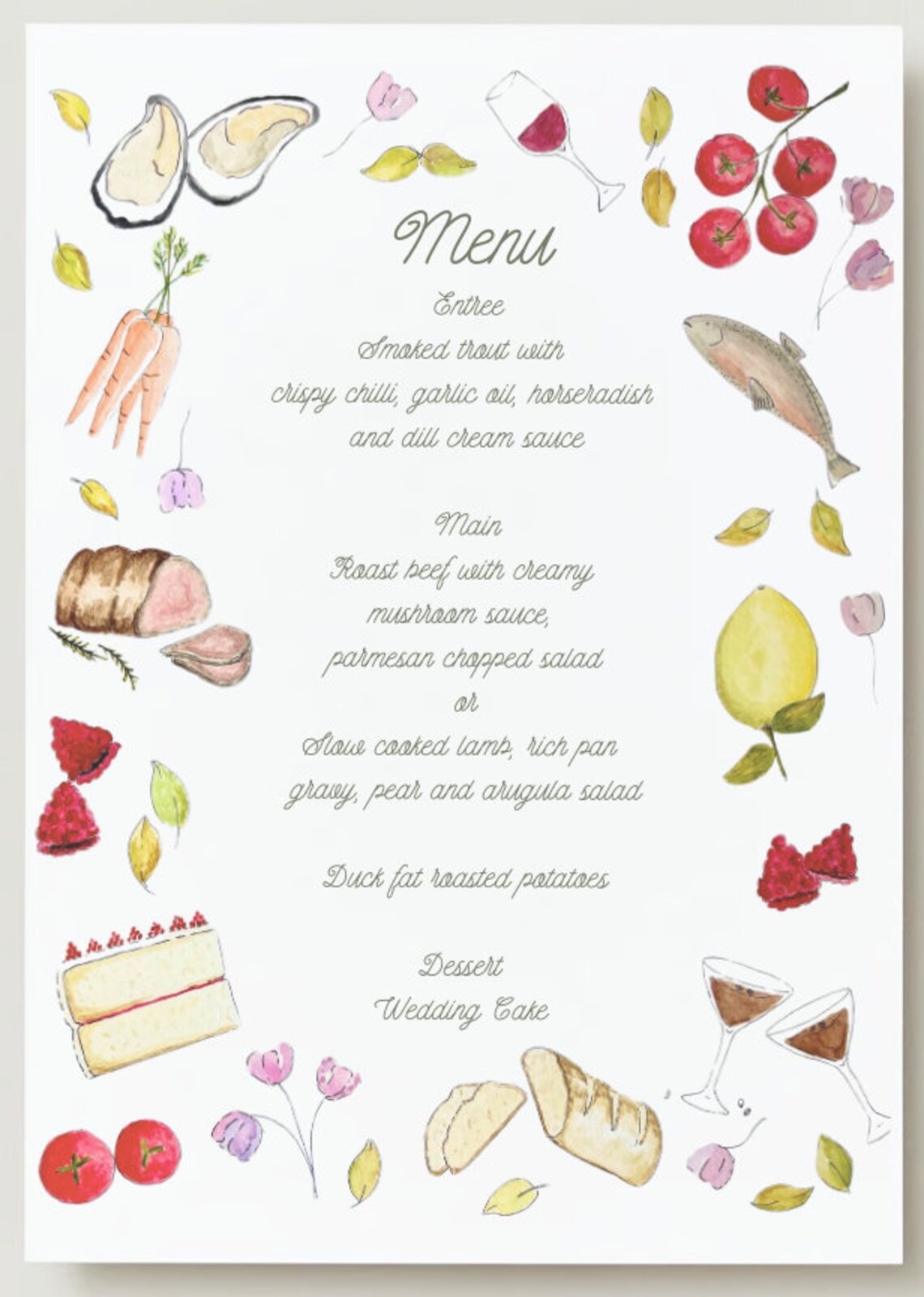 Wedding Menu Template, Dinner Party Menu Template, Hand Drawn and ...