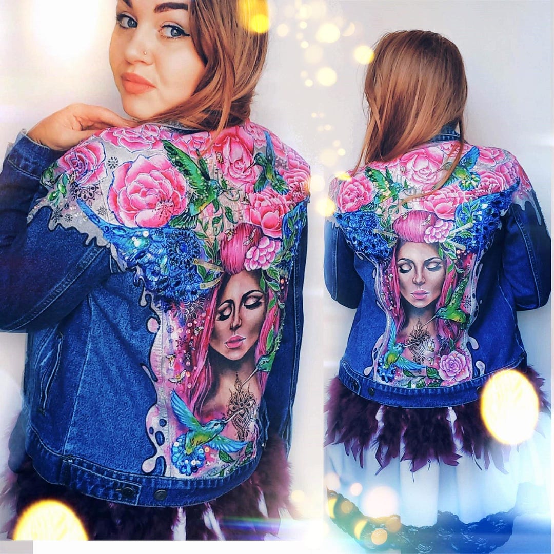 Unique Portrait Denim Jacket - Custom Painted Statement Piece, Bohemian ...