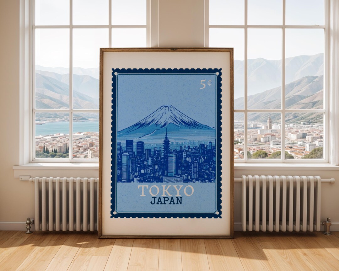 Tokyo Japan Stamp Art: Mount Fuji Mid Century Travel Print (digital ...