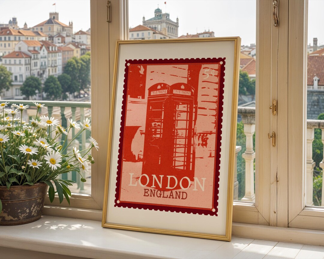 London Mid Century Stamp Art UK Phone Booth Travel Poster (digital ...