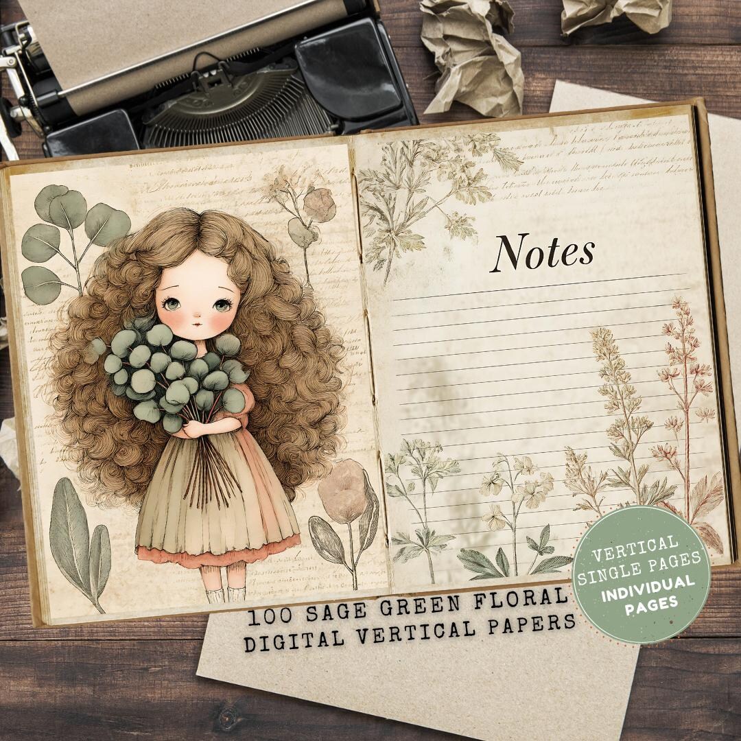 Sage Junk Journal Pages: Vintage Ephemera Green Floral Papers (digital ...