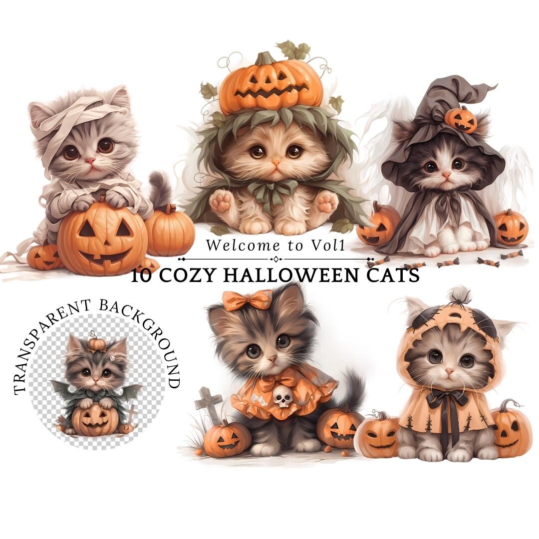 Halloween Cats Clipart: Spooky Cats in Costumes (PNG Digital Download ...