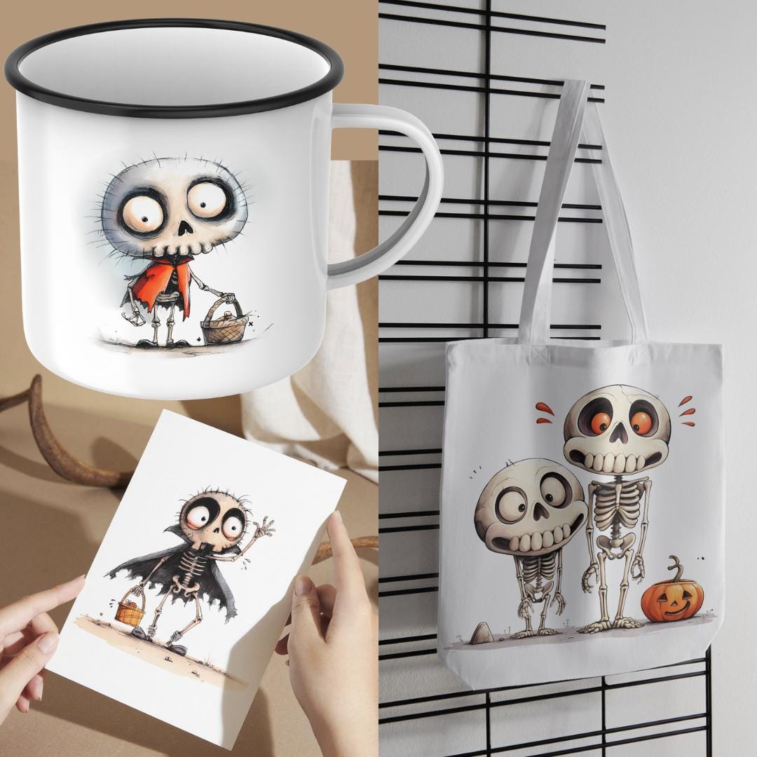 Funny Halloween Skeleton Clipart: Childish Hand Drawn Style Spooky ...