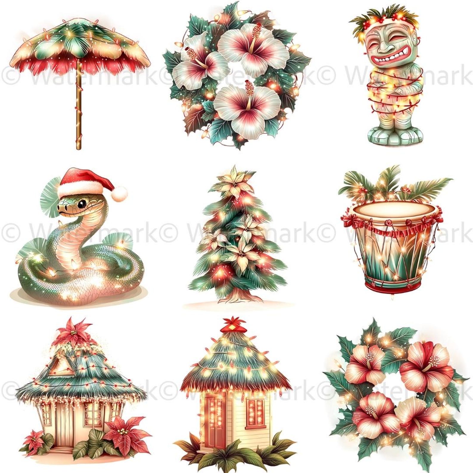 Hawaiian Christmas Clipart | Tropical Holiday Watercolor Clipart ...