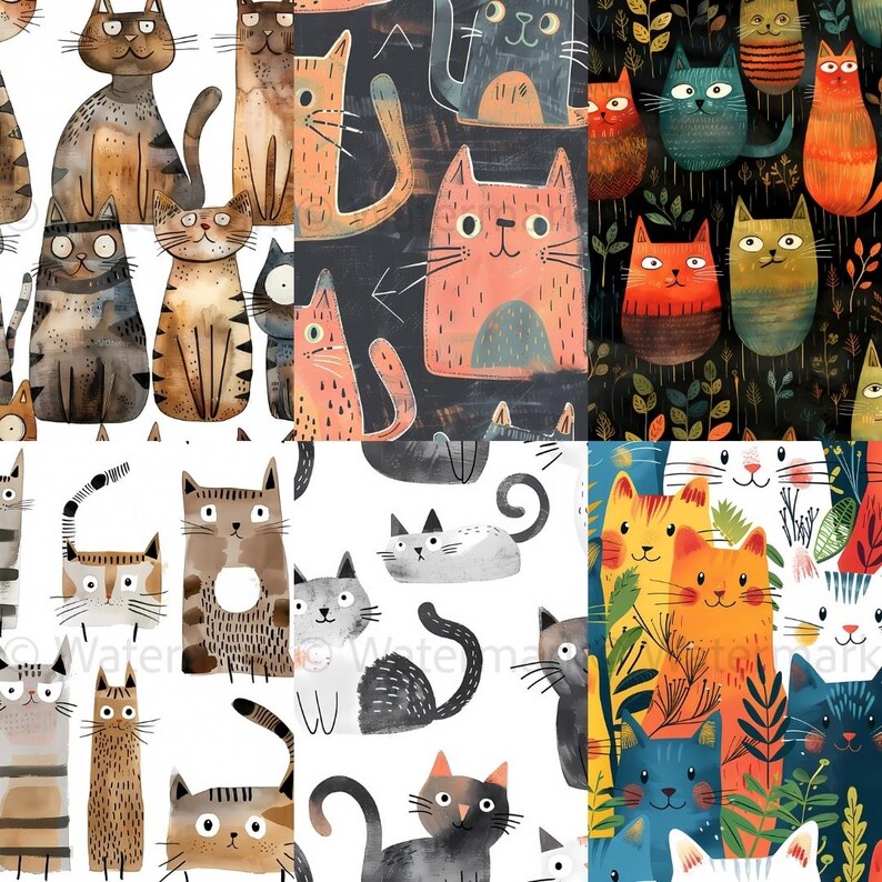 Kawaii Cats Seamless Pattern: Watercolor Cat Fabric Design (digital ...