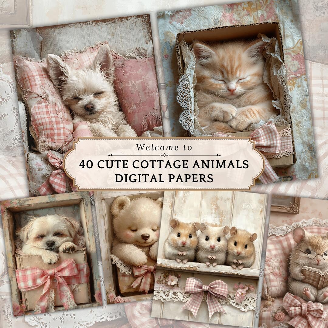 Cottage Animals Junk Journal Kit: Pink Lace and Bows Pages With Pets ...