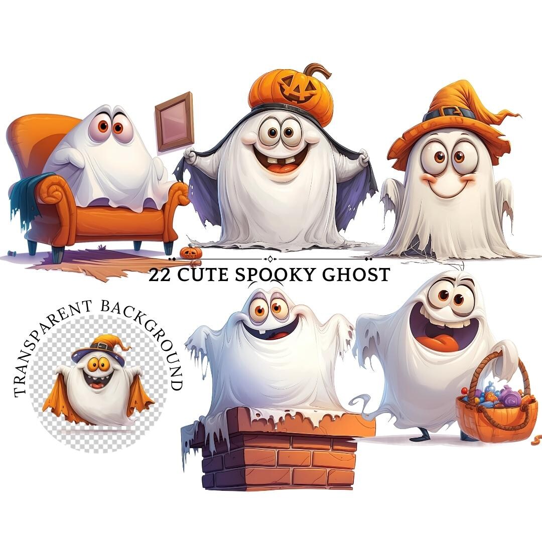 22 Cute Spooky Ghost Clipart PNG | Halloween Ghosts, Pumpkin Hat, Witch ...