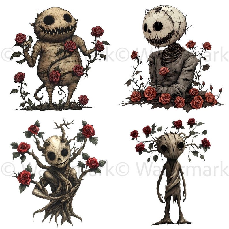 Gothic Creatures Clipart: Watercolor Red Roses, Skeleton, Monster PNG ...