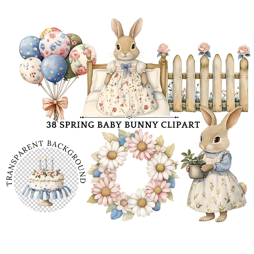 Spring Baby Bunny Clipart, Whimsical Watercolor Art for Baby Showers ...