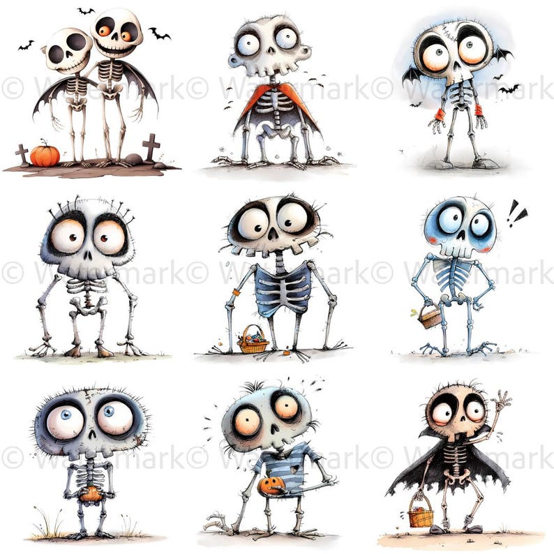 Funny Halloween Skeleton Clipart: Childish Hand Drawn Style Spooky ...